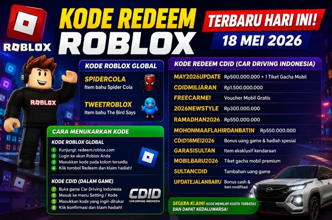 Kode Redeem Roblox Terbaru Hari Ini 18 Mei 2026, Klaim Item Gratis ...